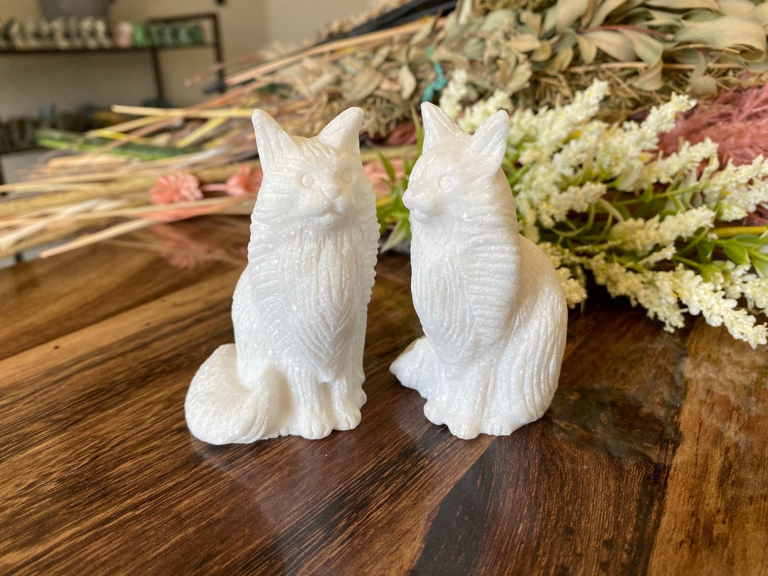 White Jade Cat Crystal | Natural Stone Carved Feline Persian Long ...