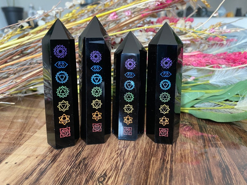 Black Obsidian Chakra Tower Point Natural Polished and Etched - Etsy