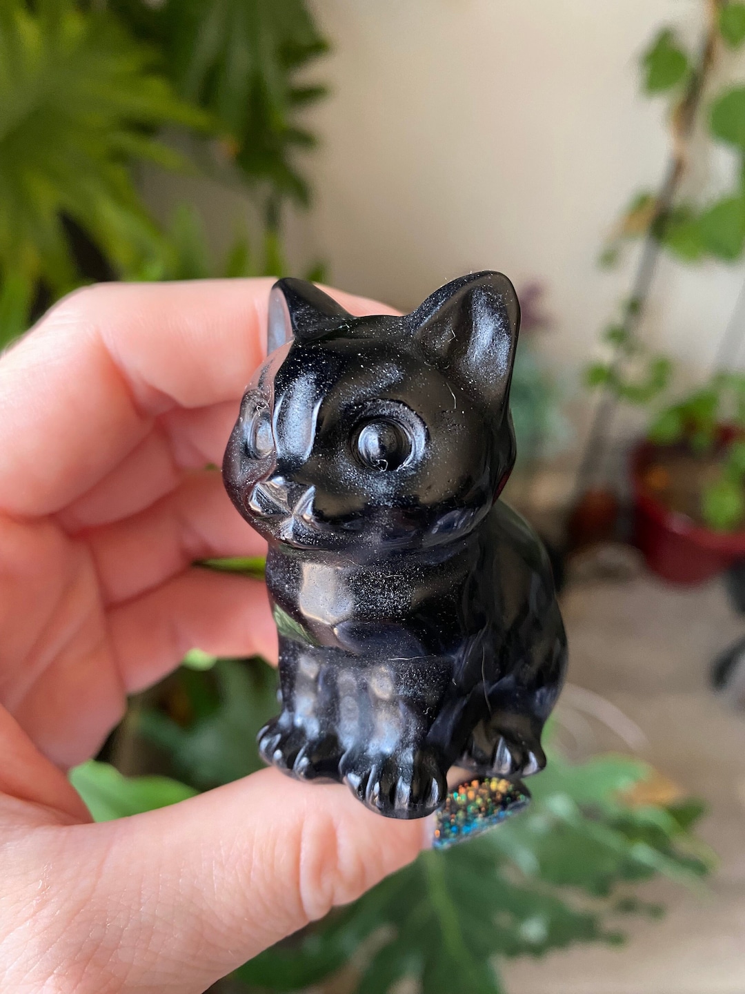 Black Obsidian Cat Crystal | Natural Stone Carved and Polished Sitting ...
