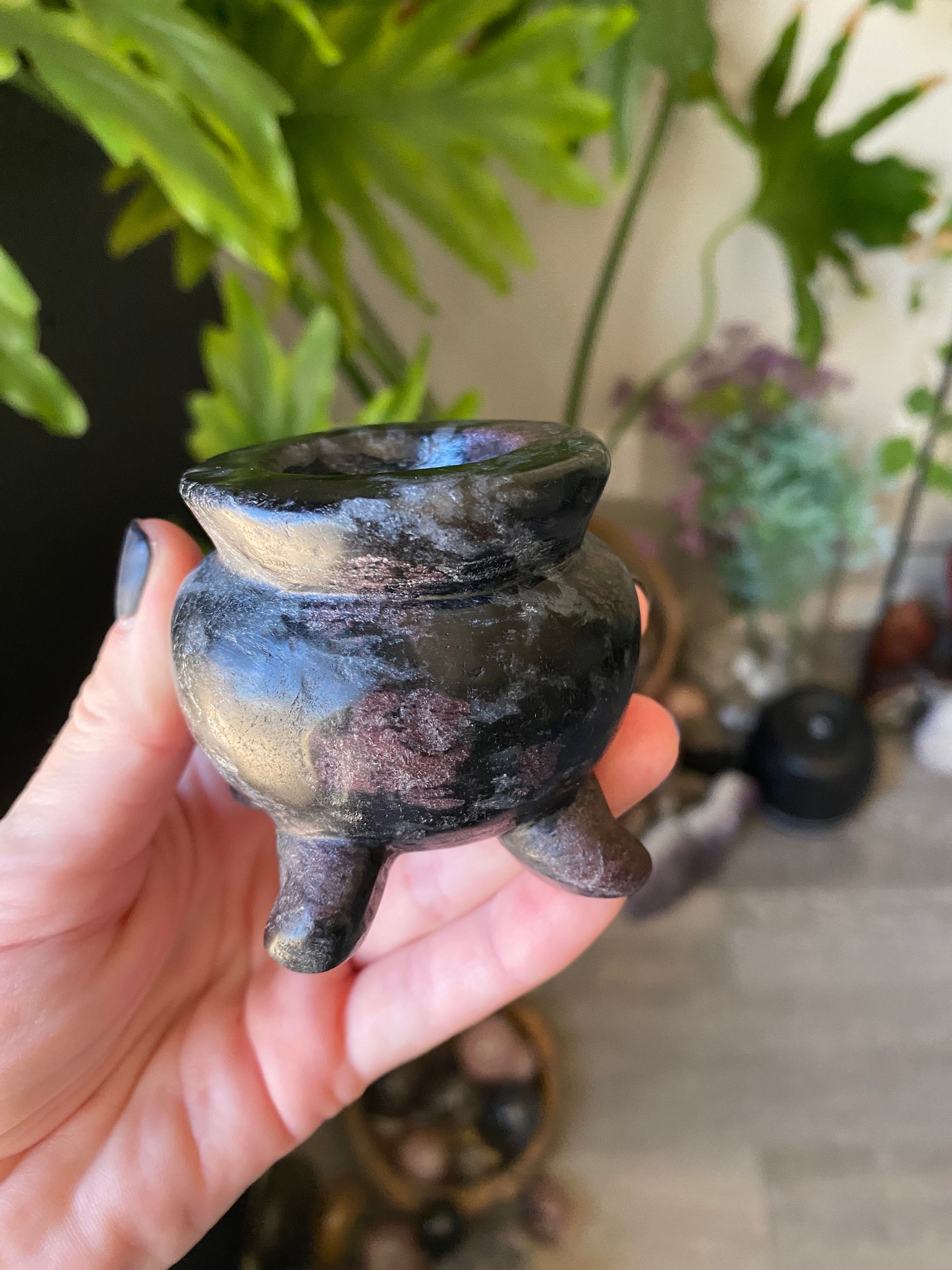 Garnet Cauldron Crystal | Natural Stone Carved Garnet & Arfvedsonite ...
