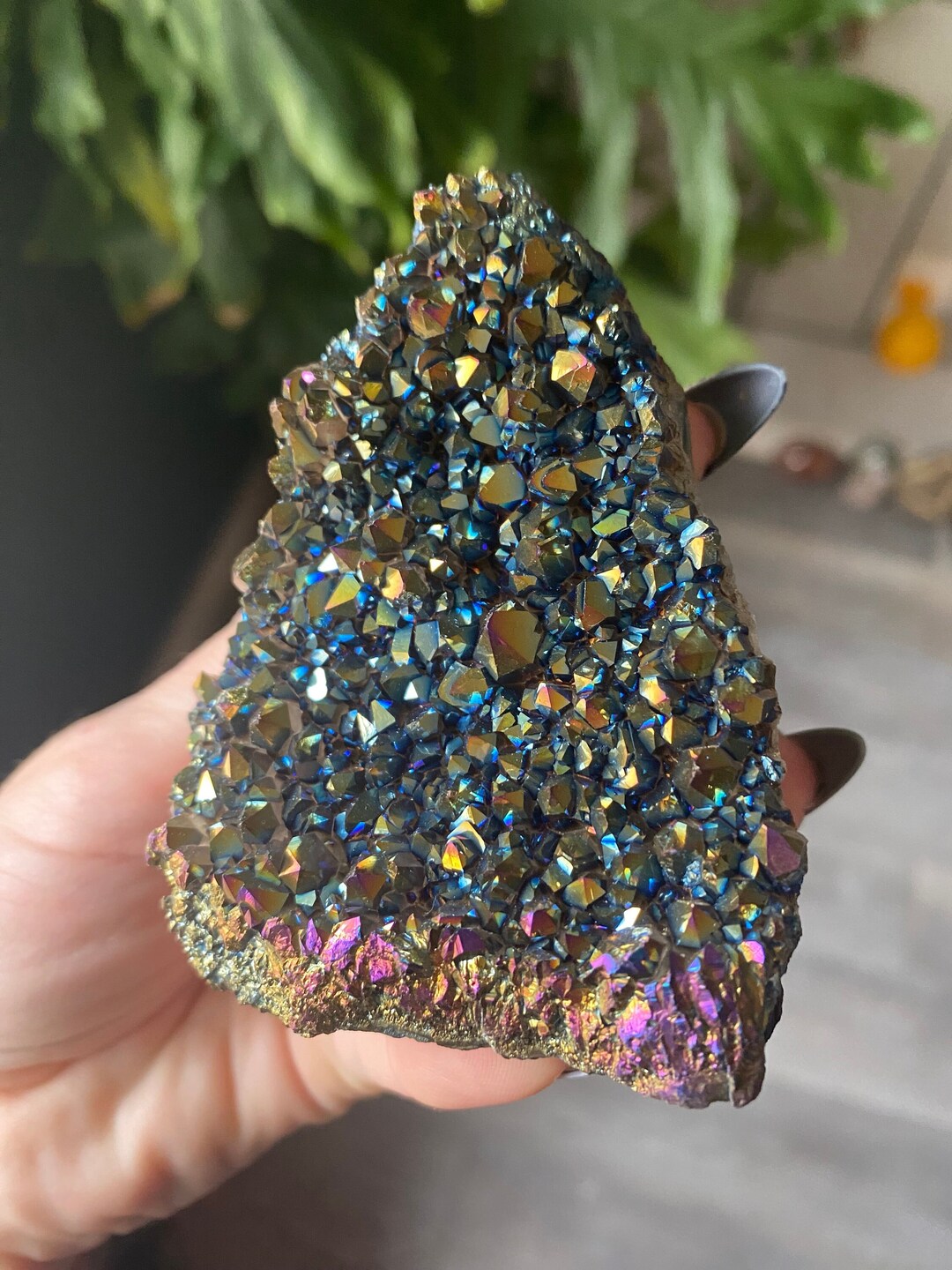 Rainbow Aura Amethyst Crystal Cluster Base Cut Free Standing | Titanium ...