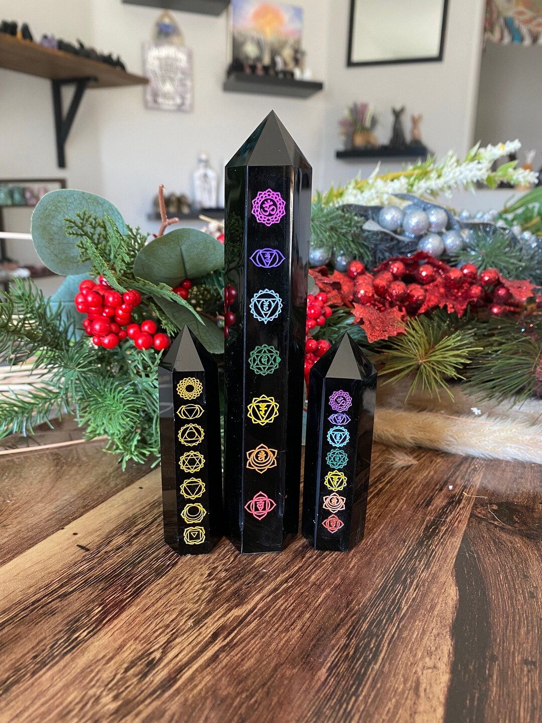 Black Obsidian Chakra Tower Point Natural Polished and Etched Small ...