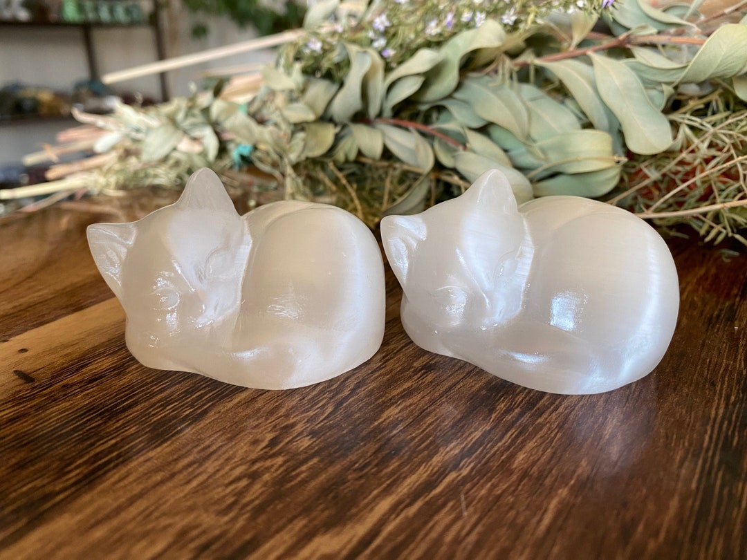 Selenite Sleeping Cat Crystal | Natural Carved Stone Sleepy Kitty ...