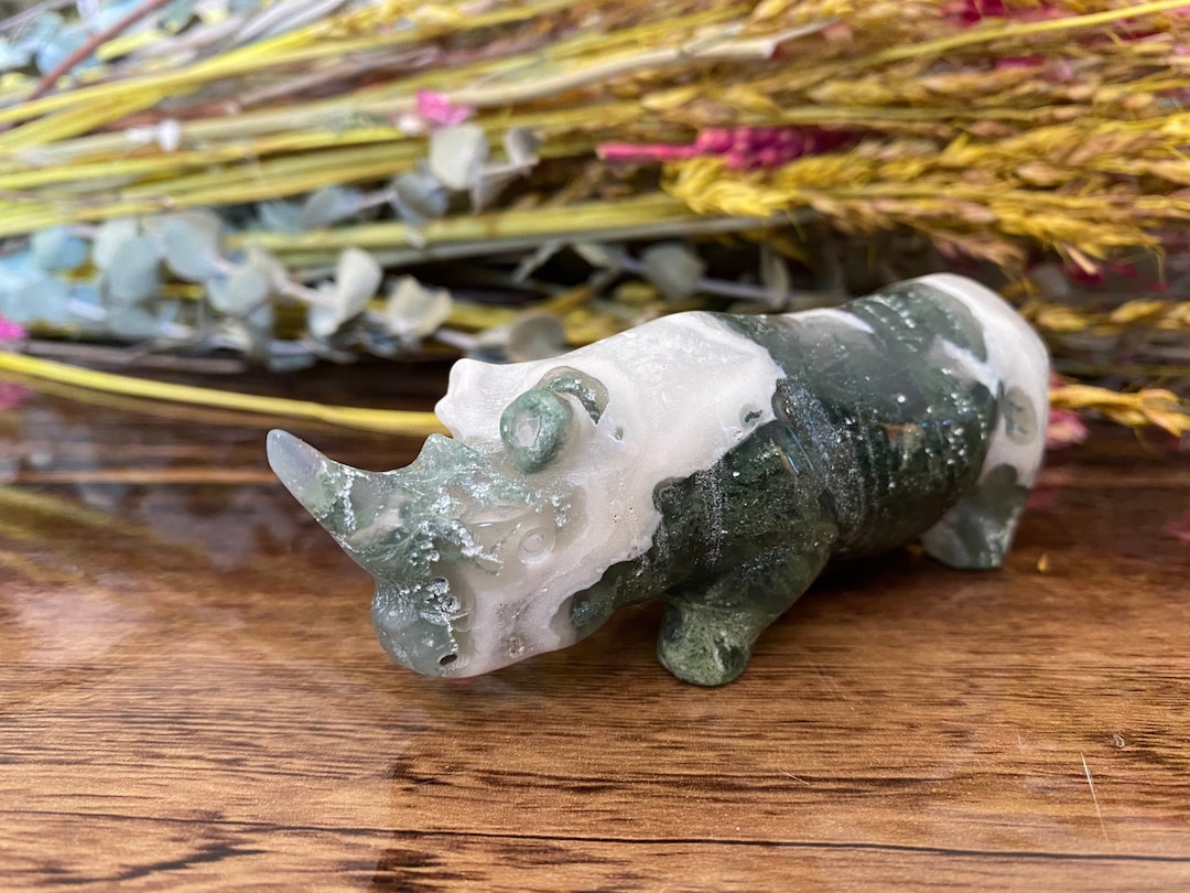 Moss Agate Rhinoceros | Natural Carved Crystal Rhino Animal | Harmony ...