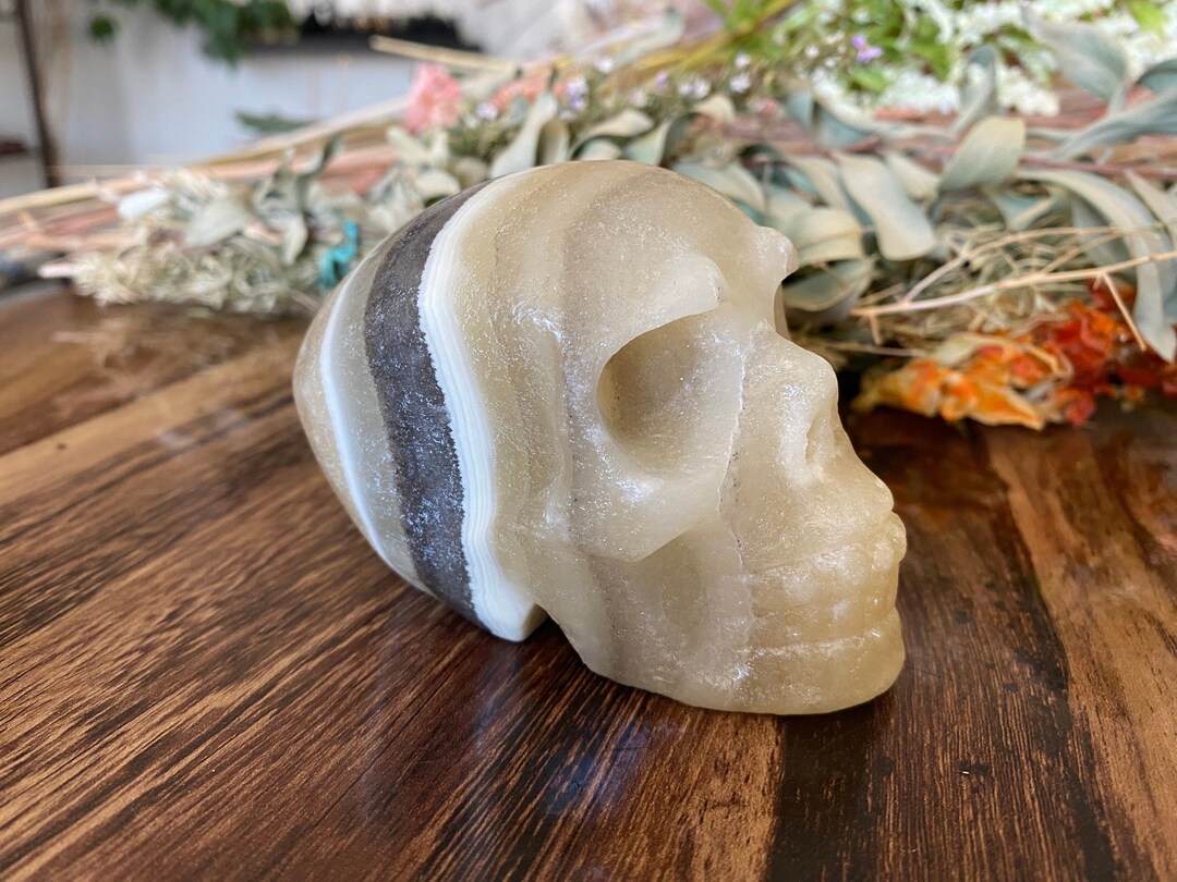 1.2lb Zebra Calcite Skull Crystal | Natural Stone Carved Phantom ...