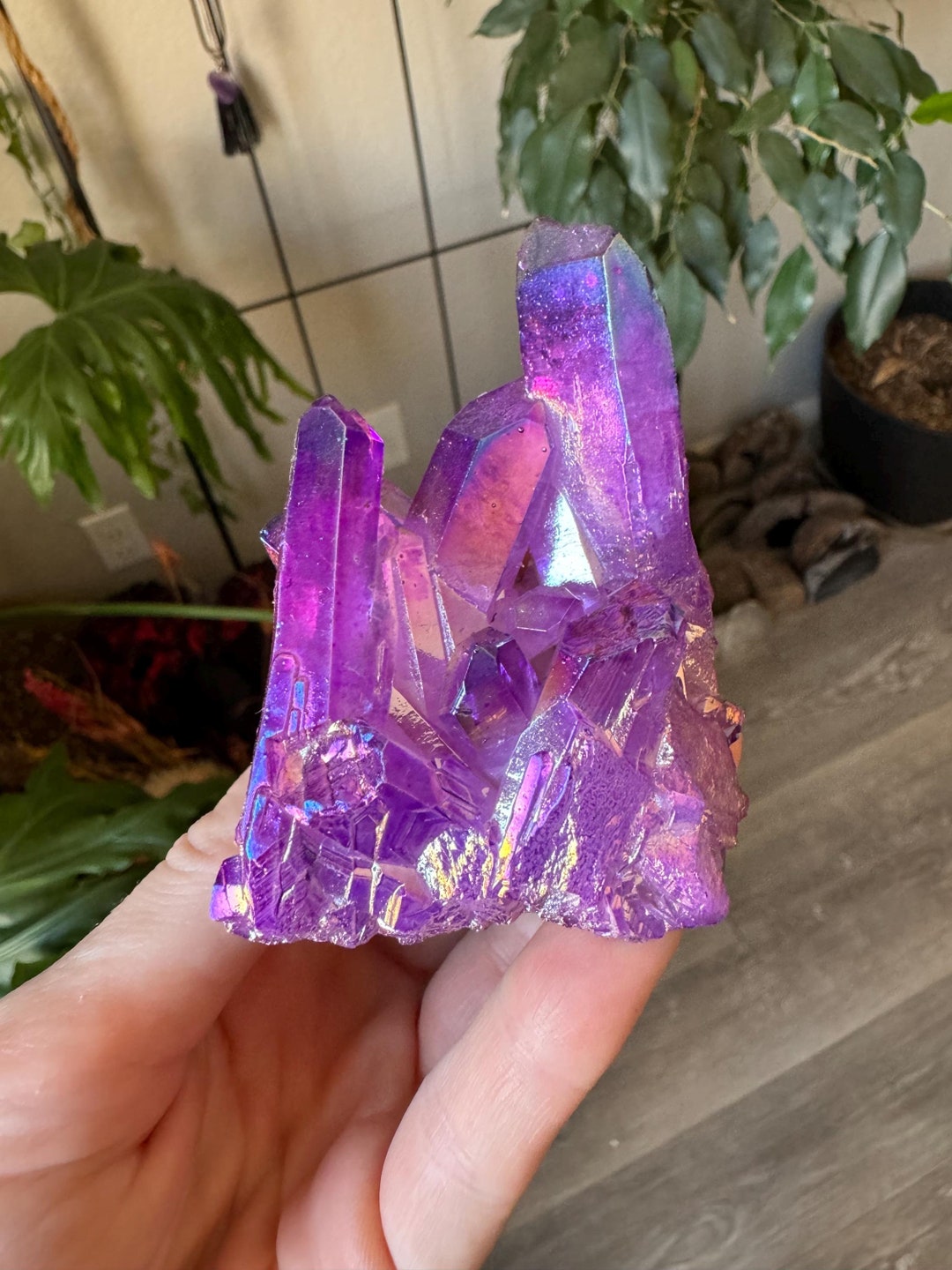 Purple Aura Quartz Crystal Cluster | Natural Stone With Aura Coating ...