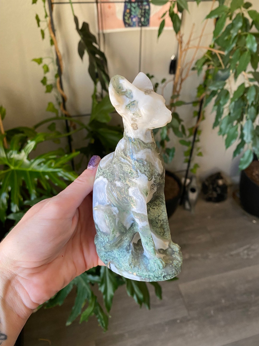 1.1lb Moss Agate Sphinx Cat Crystal Large | Natural Stone Carved ...