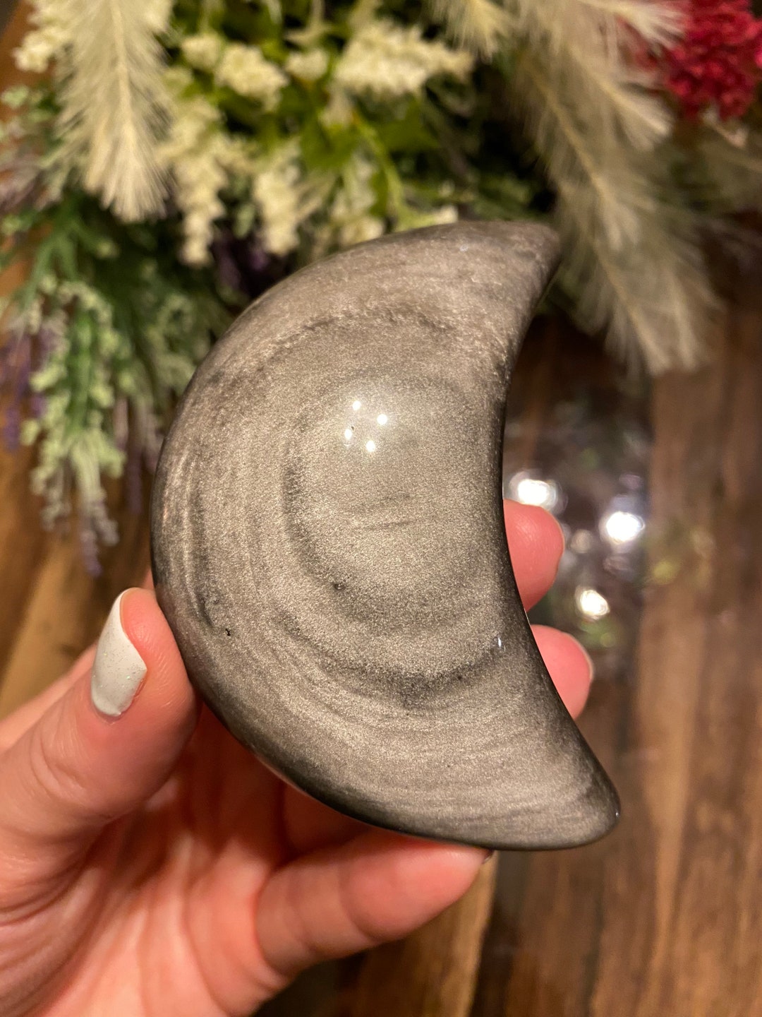Black Obsidian Silver Sheen Moon Natural Crystal Carving - Etsy