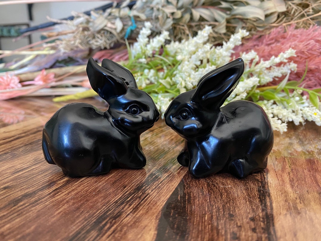 Black Obsidian Rabbit Crystal | Natural Stone Carved & Polished Cute ...