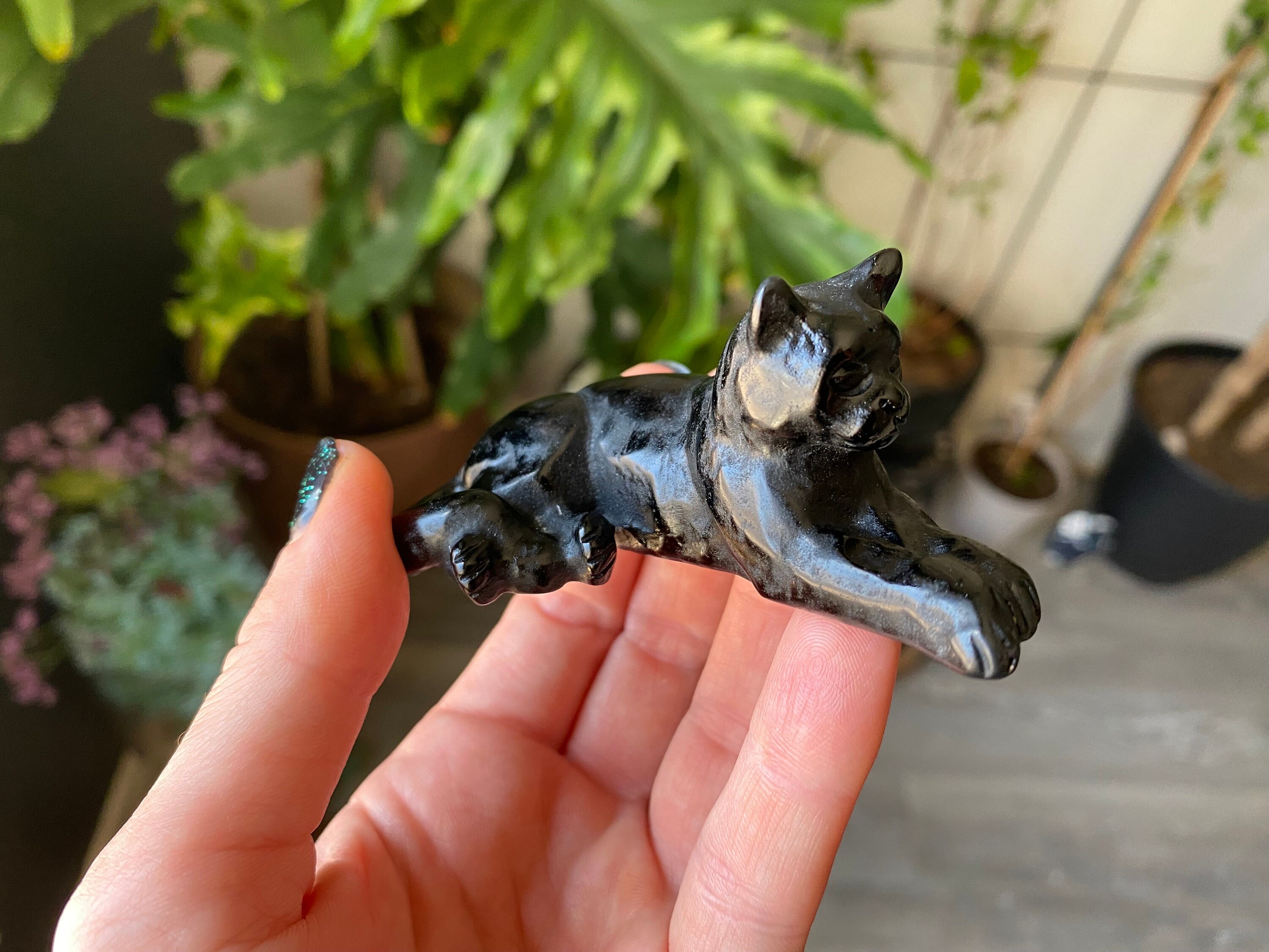 Black Obsidian Cat Crystal | Natural Stone Carved and Polished Laying ...