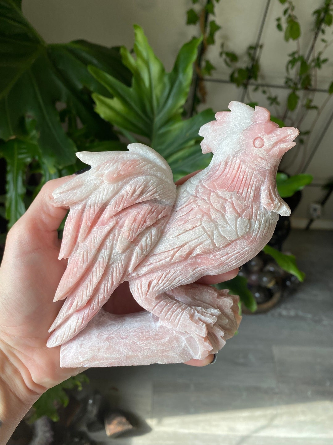 1.7lb Pink Opal Rooster Crystal | Natural Carved Stone Chicken ...