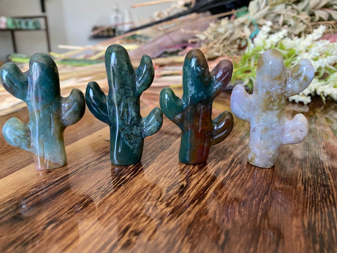 Moss Agate Cactus Crystal | Natural Stone Carved & Polished Crystal ...