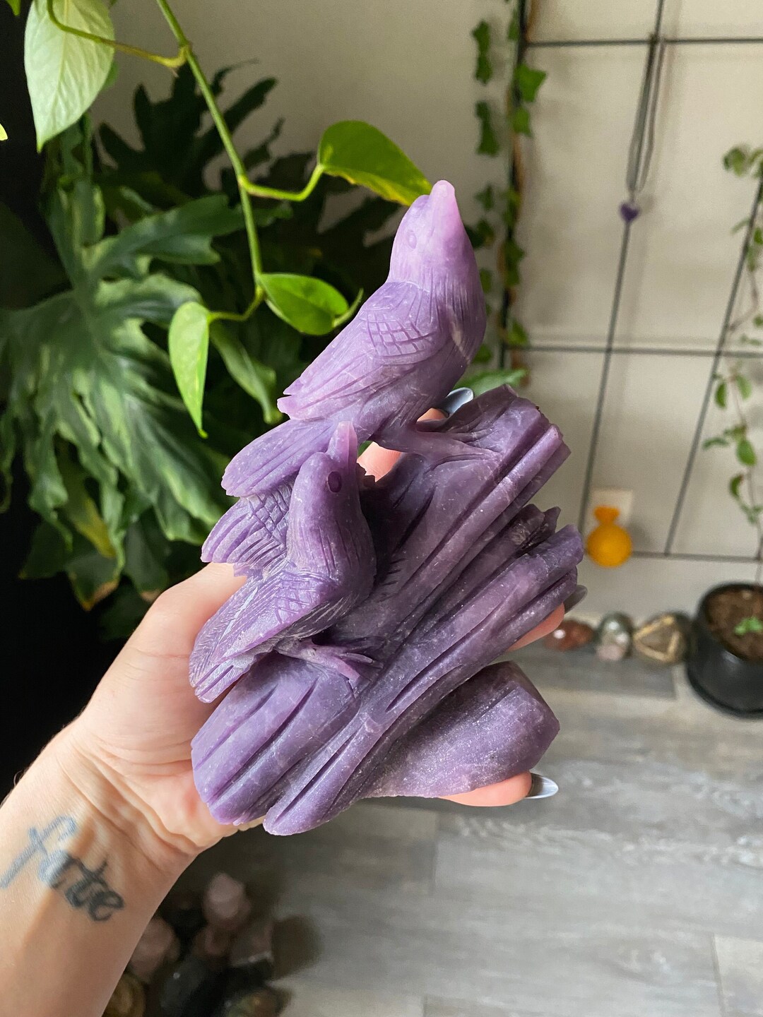 1.4lb Lepidolite Birds Crystal Natural Carved Stone Wren Sparrow Small ...