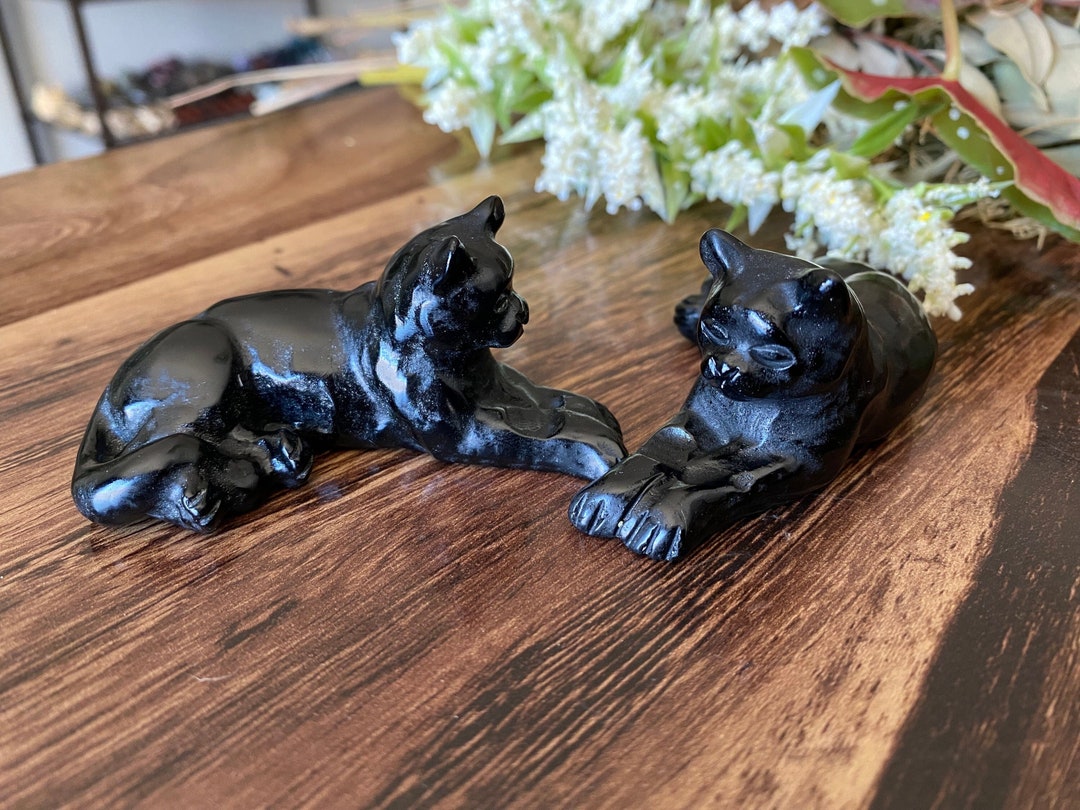 Black Obsidian Cat Crystal | Natural Stone Carved and Polished Laying ...