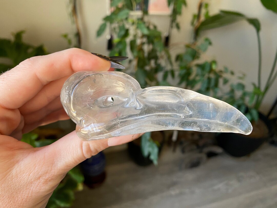 Clear Quartz Raven Skull Crystal | Natural Stone Polished & Carved Crow ...