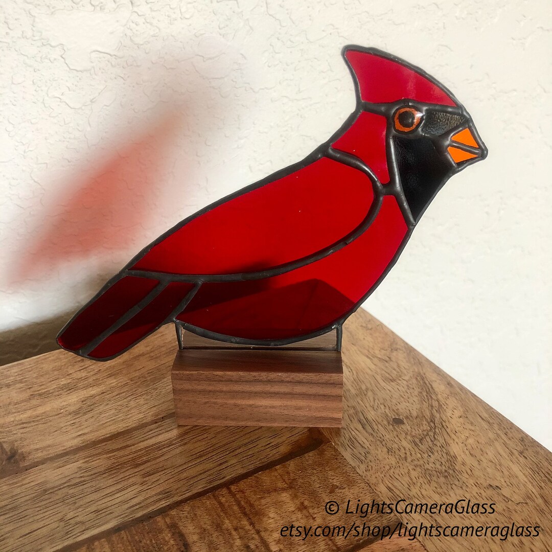Stained Glass Cardinal on a Walnut Stand-glass Cardinal Art-cardinal ...