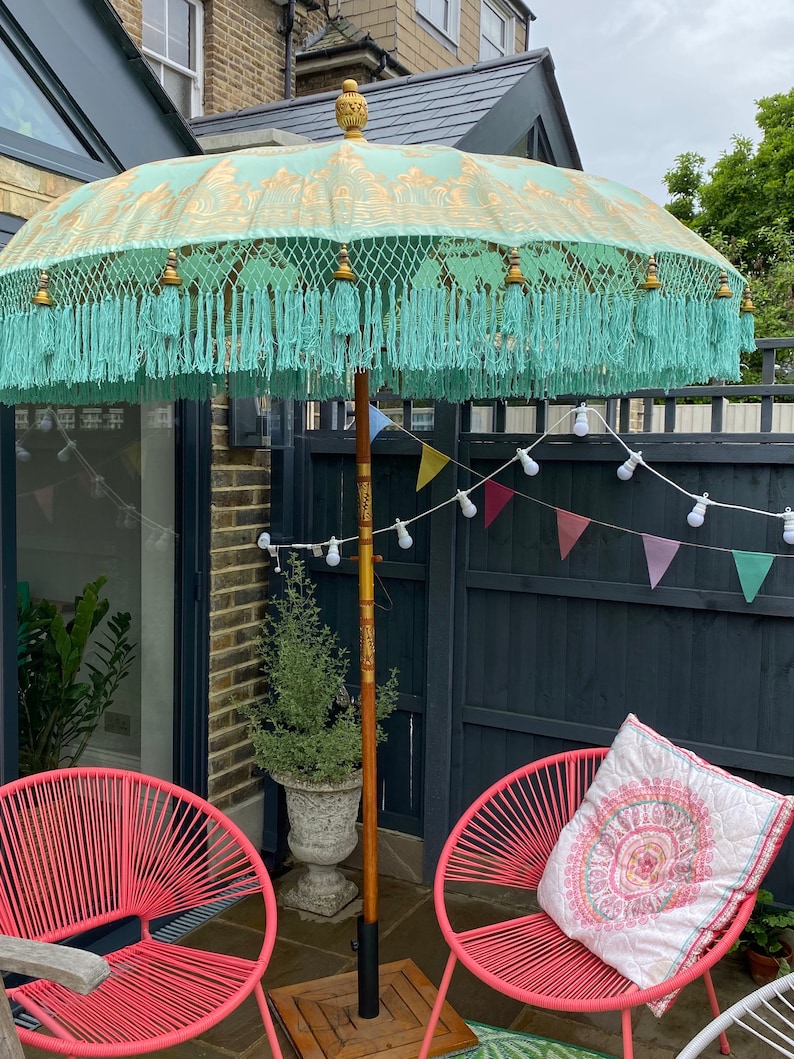 Hand Painted Mint Green Balinese Fringed Luxe Garden Parasol - Etsy UK