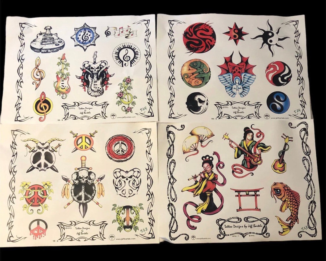 Lot of 4 Tattoo Flash Sheets Designs by Jeff Bartels 11X14 ©2005 - Etsy