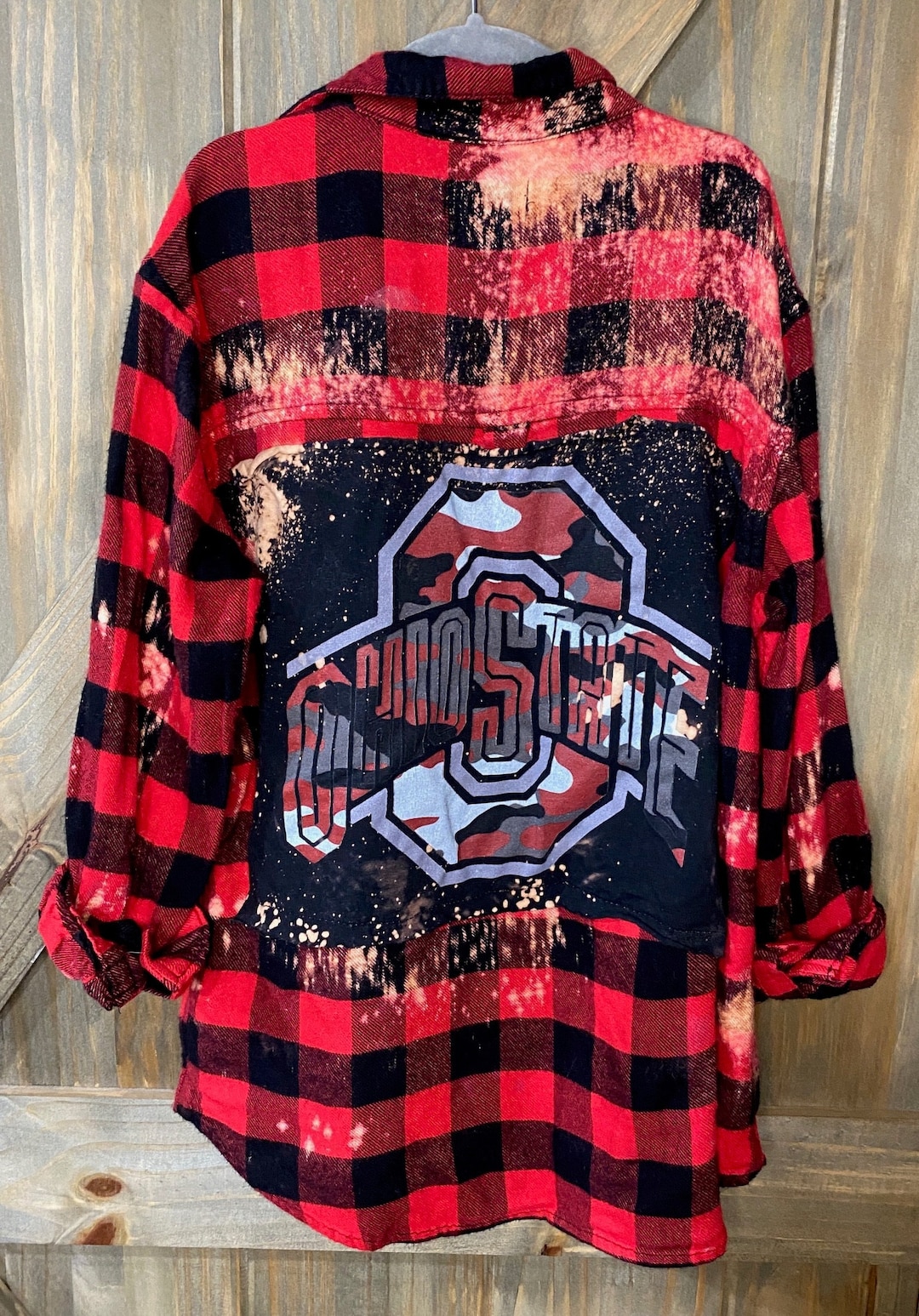 Youth Upcycled Licensed Ohio State Flannel Shirt: Distressed Camo ...
