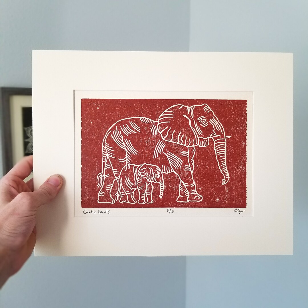 Gentle Giants - Elephant Linocut Print - Etsy