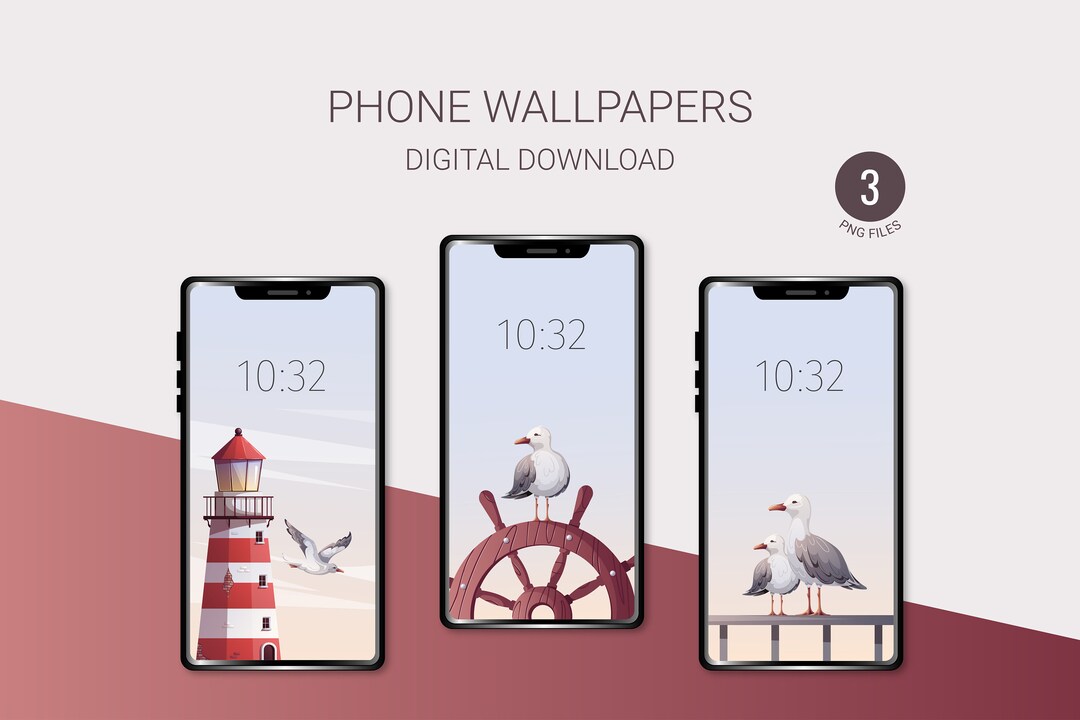 Seagull Lighthouse Phone Wallpaper Set: Nautical Illustrations (digital ...