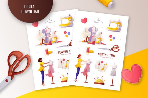 Sewing Time Stickers. Printable Stickers. Seamstress Clipart. - Etsy