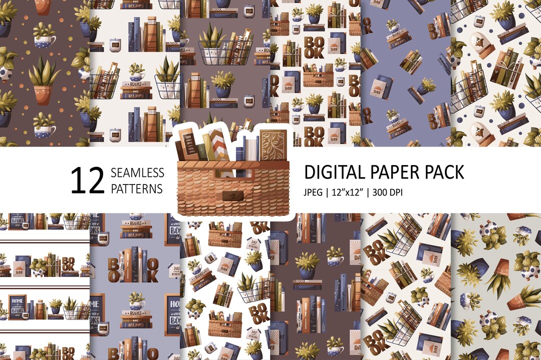 Bookshelf Digital Paper Pack Bookish Seamless Patterns Booklover ...