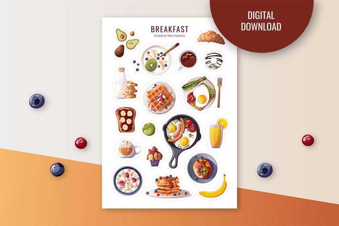 Breakfast Sticker Sheet for Bullet Journal, Digital Planner. Printable Stickers. Morning Routine ...