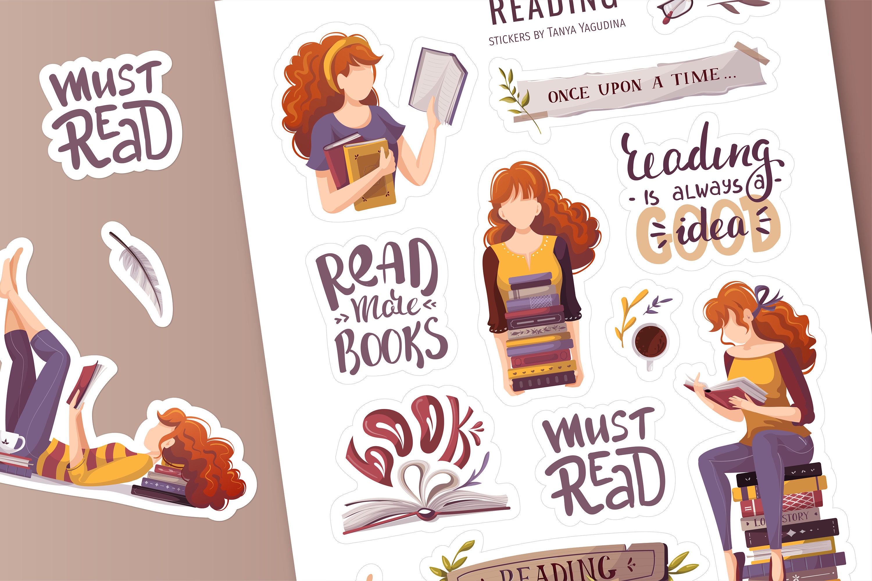Reading Woman Stickers. Books Stickers. Printable Stickers. - Etsy