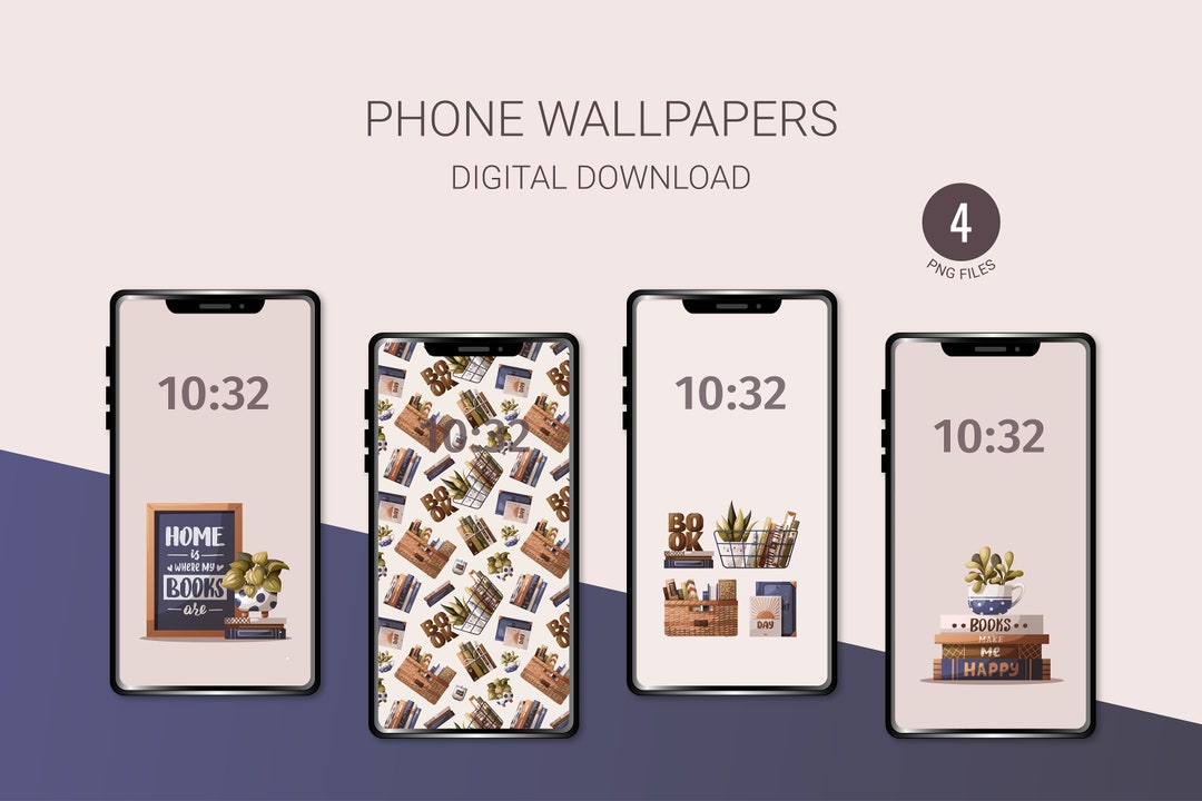 Booklover Phone Wallpapers | Set of 4 Phone Backgrounds | Instant ...