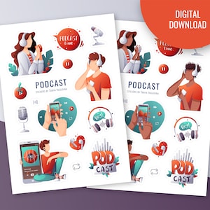 Podcast Stickers. Printable Stickers. Listening to Music Clipart ...