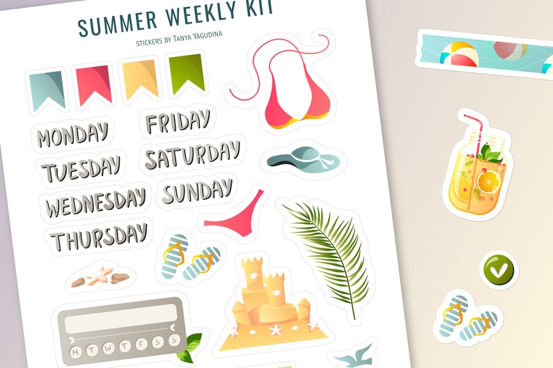 Summer Weekly Sticker Sheet. Planner Stickers. Digital Stickers. Bullet ...