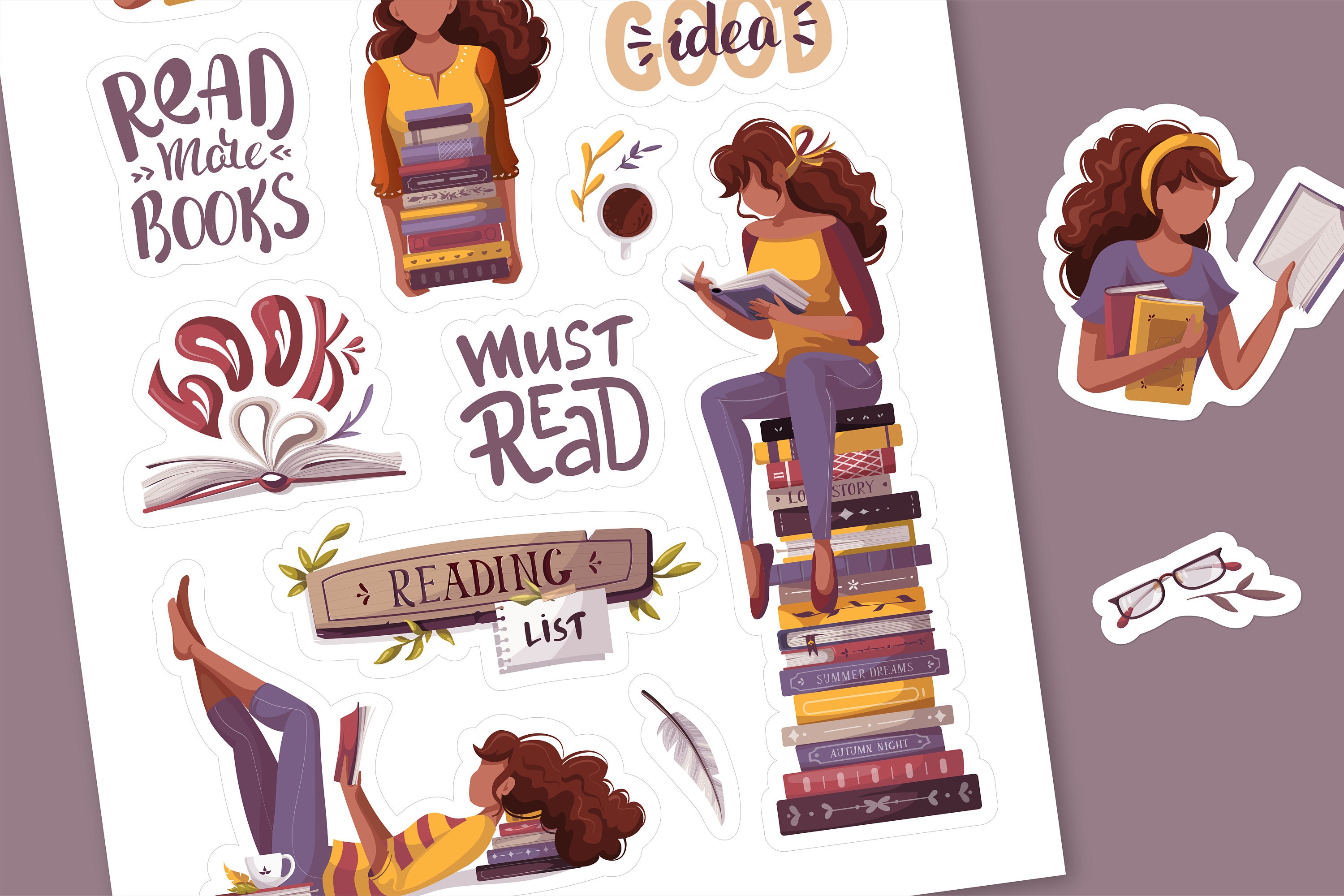 Reading Woman Stickers. Books Stickers. Printable Stickers. - Etsy