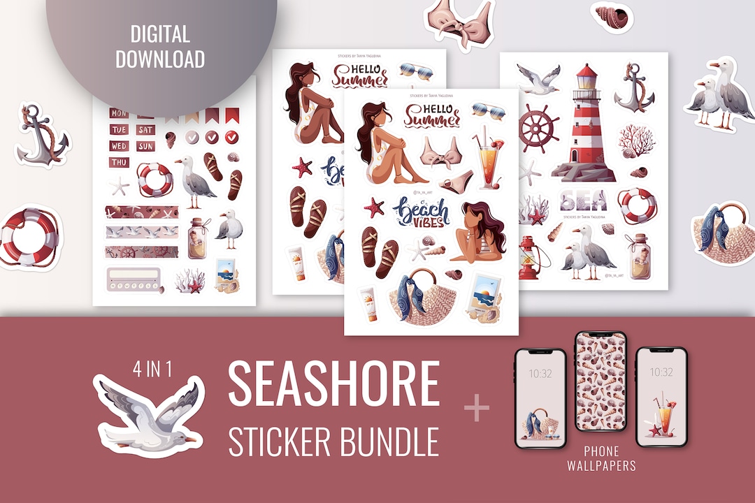 Seashore Sticker Bundle. Printable Stickers for Summer, Beach, Maritime ...