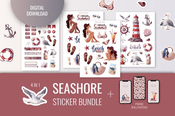 Seashore Sticker Bundle. Printable Stickers for Summer Beach - Etsy