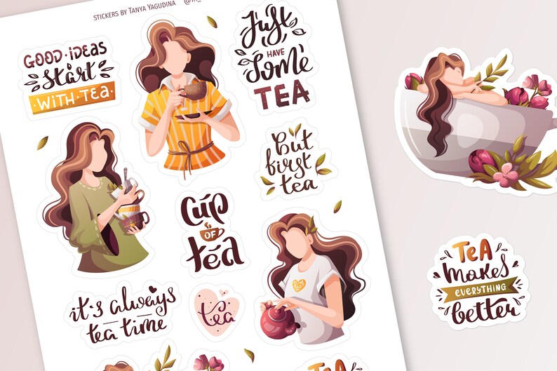 Tea Party Sticker Bundle. Printable Stickers for Tea Lover. | Etsy