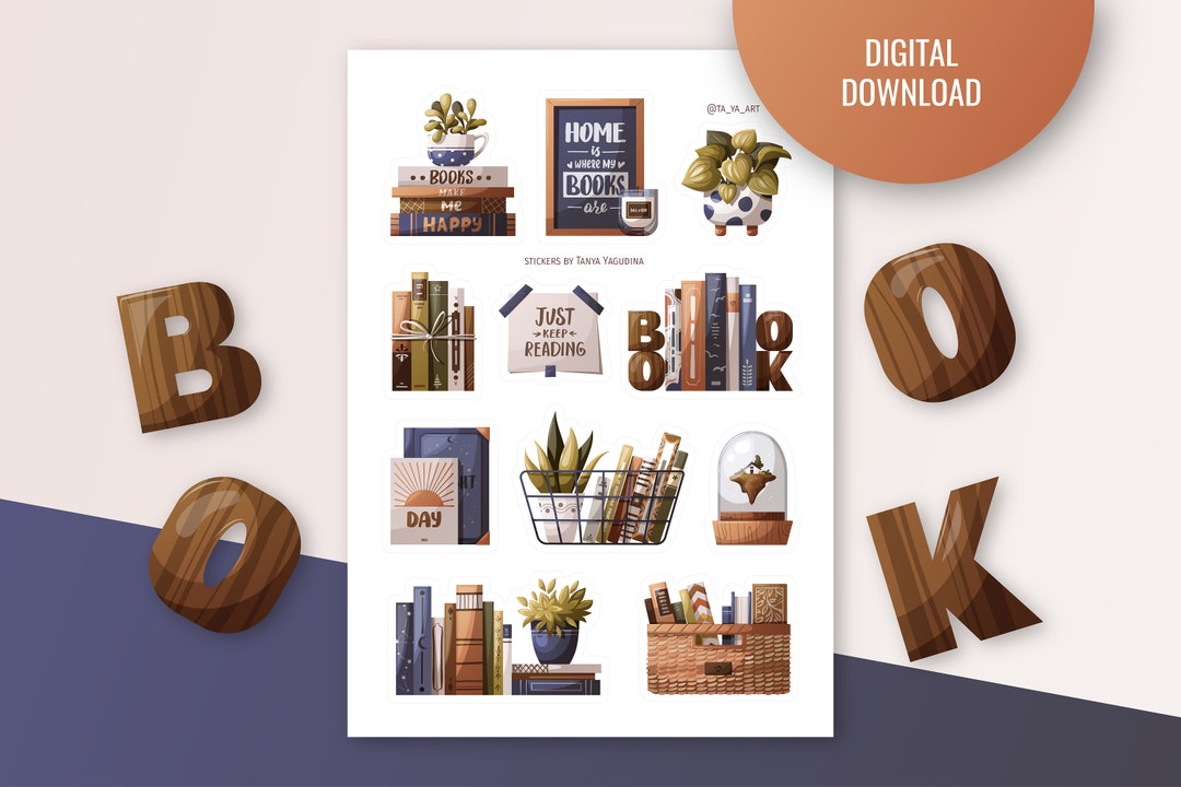 Bookshelf Sticker Sheet Printable Stickers. Reading Clipart. Digital ...