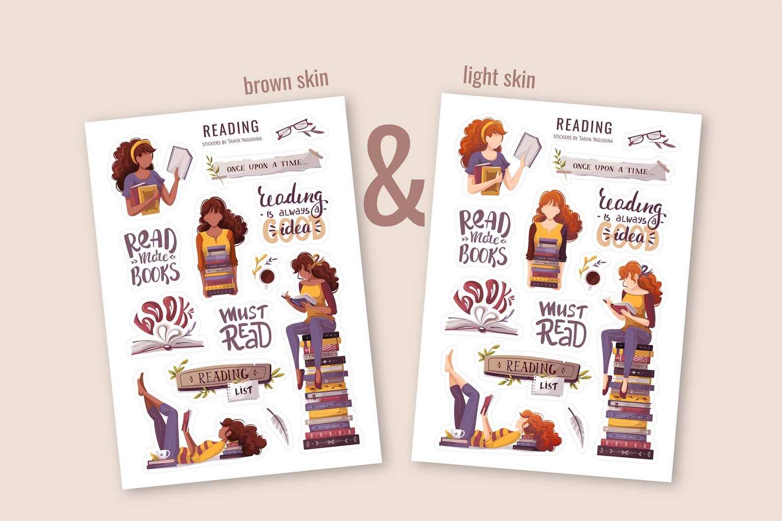 Reading Woman Stickers. Books Stickers. Printable Stickers. - Etsy