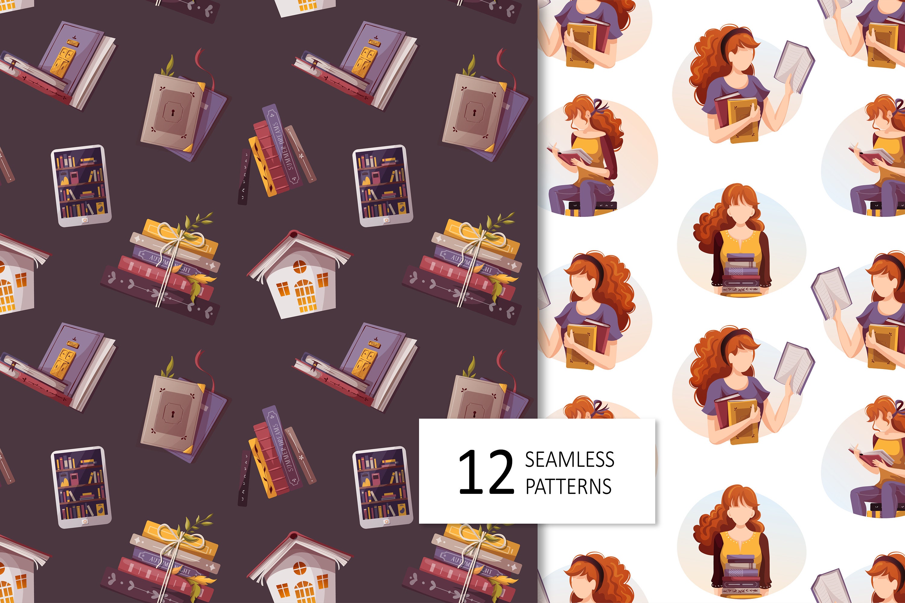 Books Digital Paper Pack Bookish Seamless Patterns Booklover, Reading ...