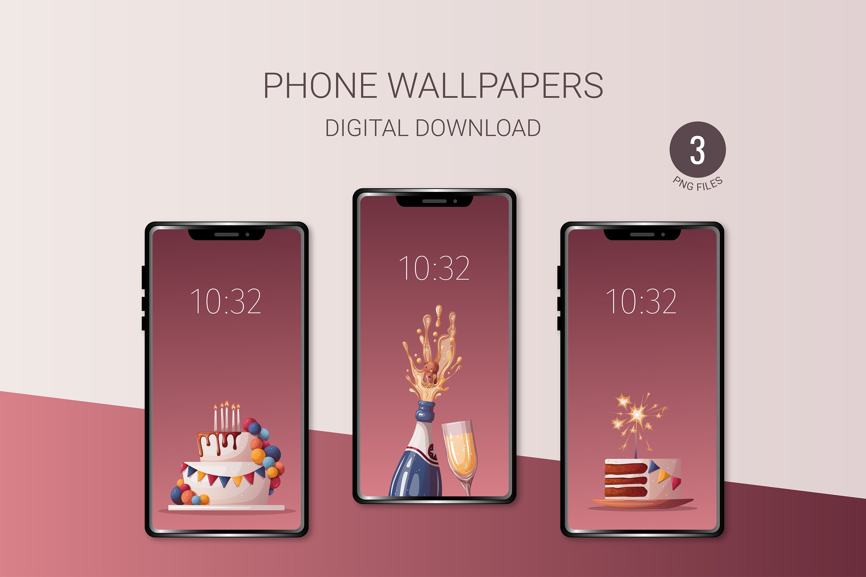 Birthday Cake Phone Wallpapers: Set of 3 Digital Illustrations (instant ...