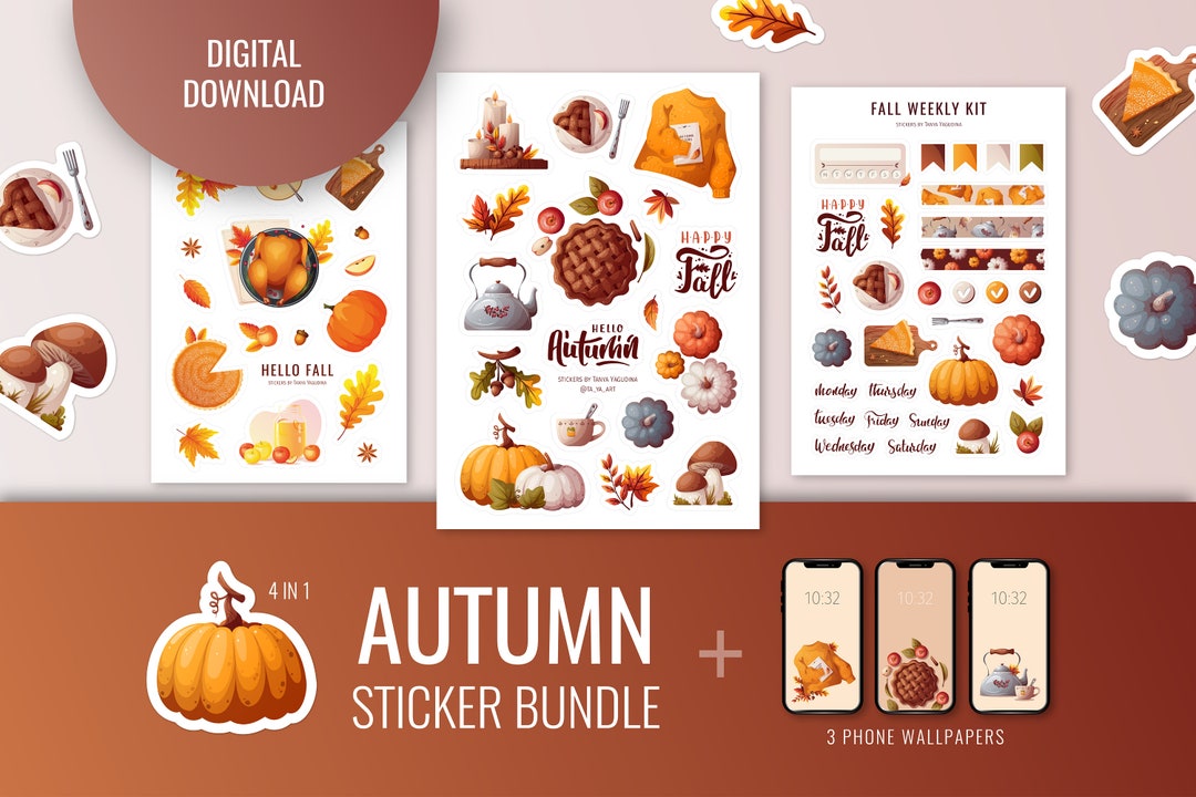 Autumn Sticker Bundle. Printable Stickers With Pumpkins, Apple Pie ...