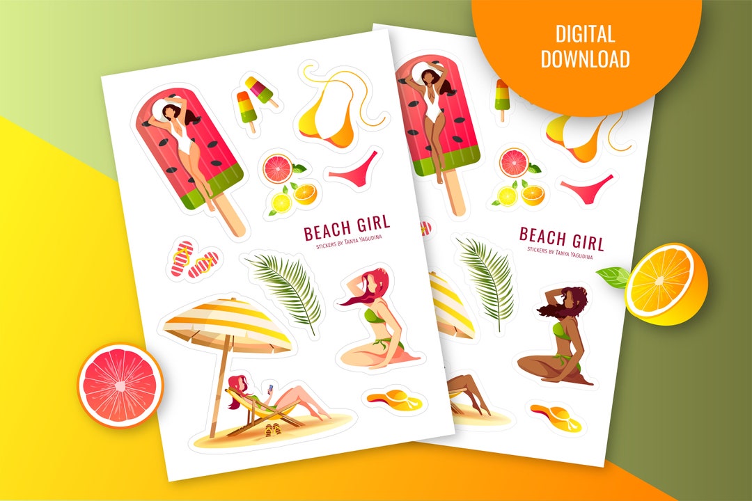 Beach Girl Stickers. Printable Stickers. Summer Stickers. - Etsy
