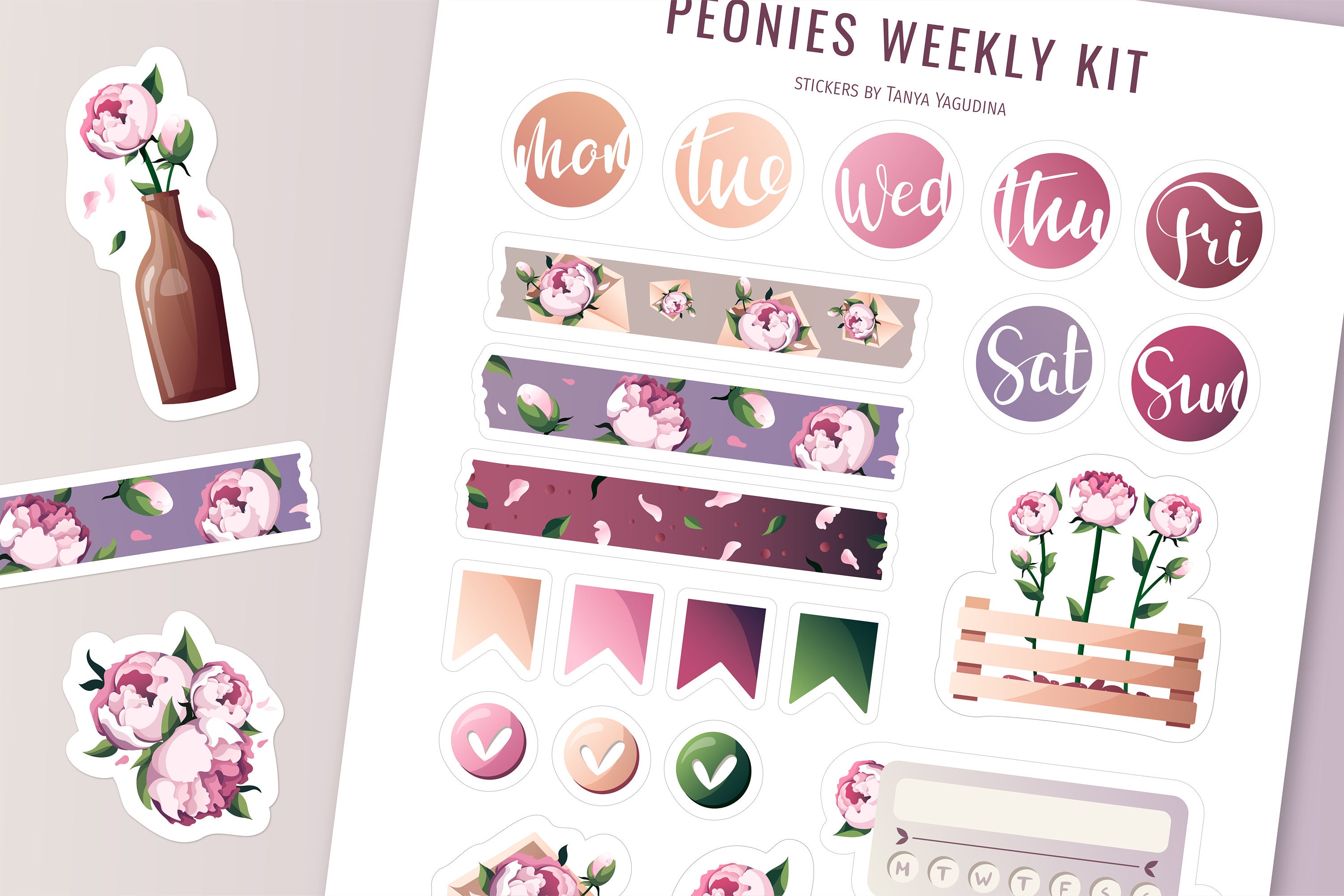 Peonies Weekly Sticker Sheet. Planner Stickers. Digital Stickers ...