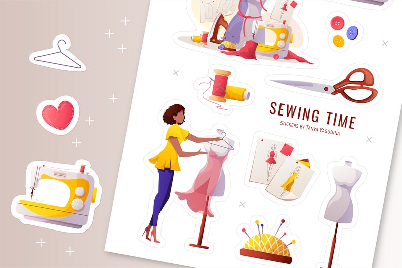 Sewing Time Stickers. Printable Stickers. Seamstress Clipart. Digital ...