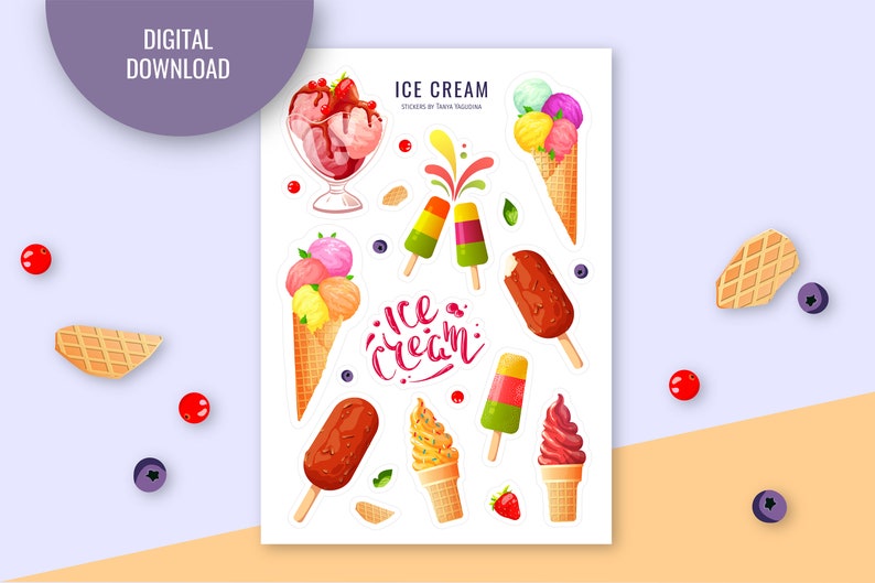 ICE CREAM STICKERS. Printable Stickers. Ice Cream Clipart. Digital ...