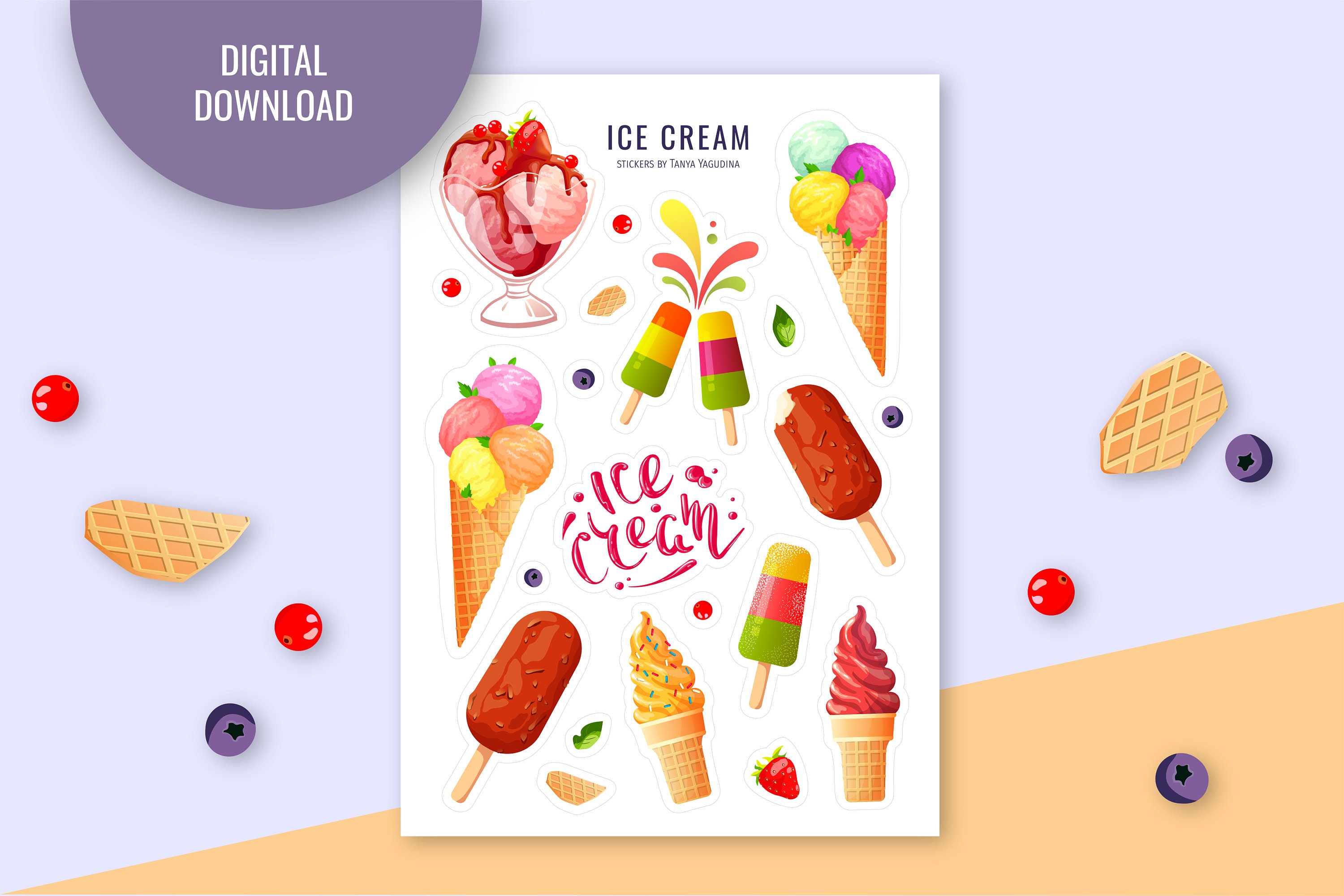 ICE CREAM STICKERS. Printable Stickers. Ice Cream Clipart. Digital ...