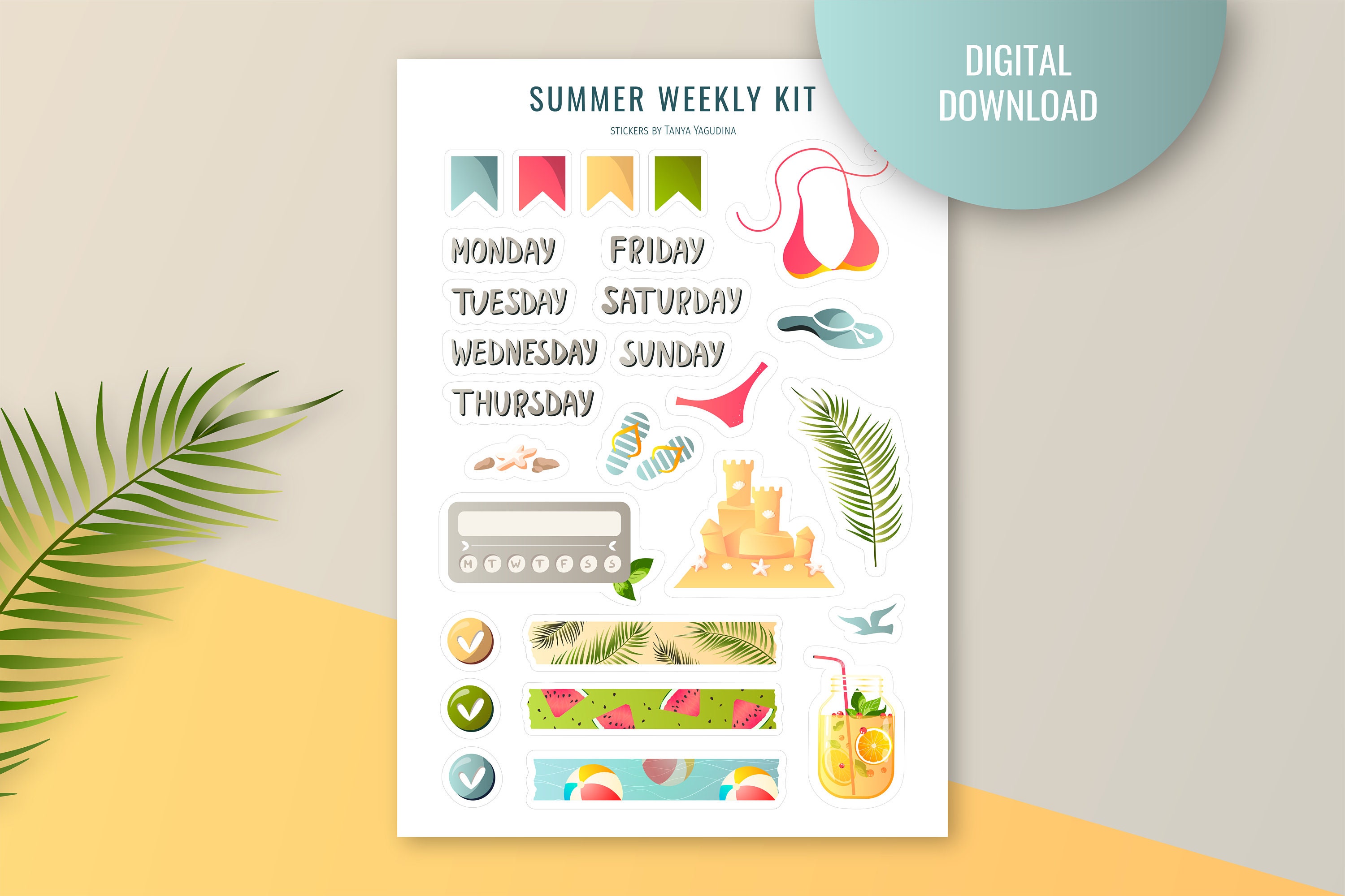 Summer Weekly Sticker Sheet. Planner Stickers. Digital Stickers. Bullet ...