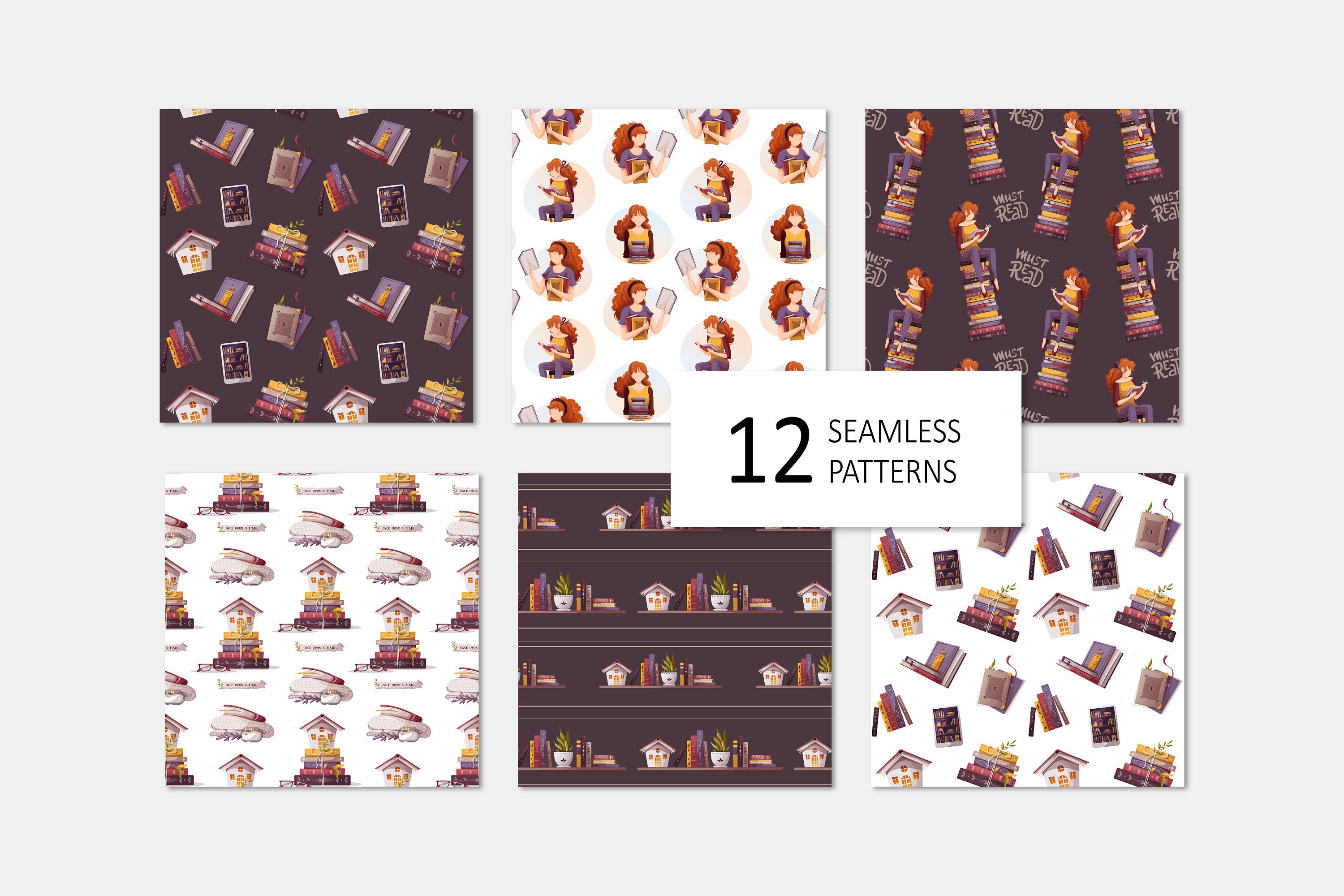 Books Digital Paper Pack Bookish Seamless Patterns Booklover, Reading ...