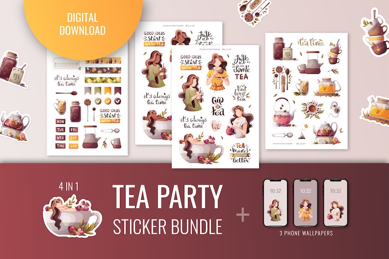 Tea Party Sticker Bundle. Printable Stickers for Tea Lover. | Etsy