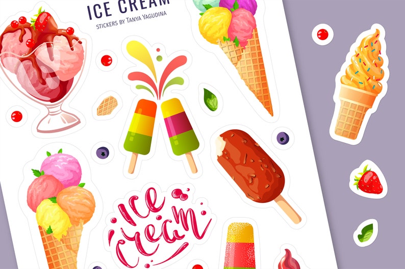 ICE CREAM STICKERS. Printable Stickers. Ice Cream Clipart. Digital ...